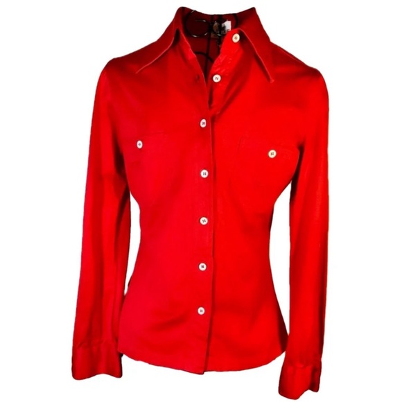 Celine | Tops | Celine Vintage 7s Red Button Up Rare Gem W Emblem ...